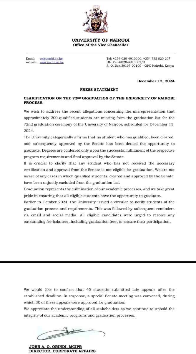 UoN clarifies on 2024 graduation list - People Daily