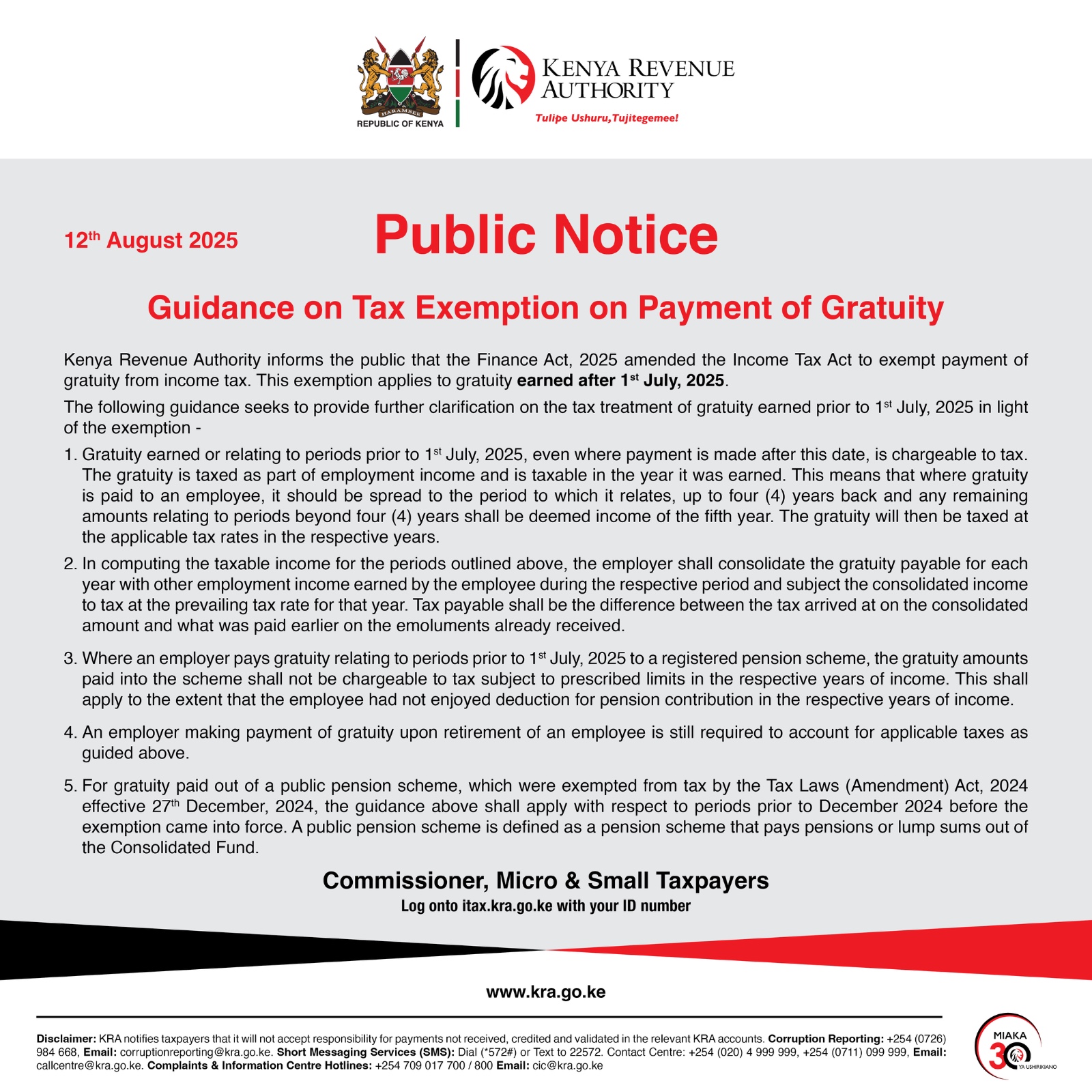 KRA clarifies tax exemption rules on gratuity payments - People Daily