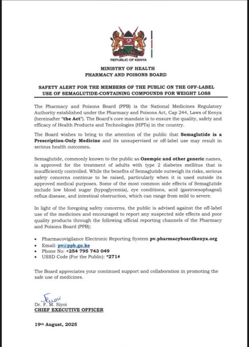 Pharmacy Board warns Kenyans against unsupervised use of Ozempic for ...