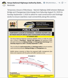 KeNHA announces temporary closure of section of Mombasa–Nairobi Highway ...