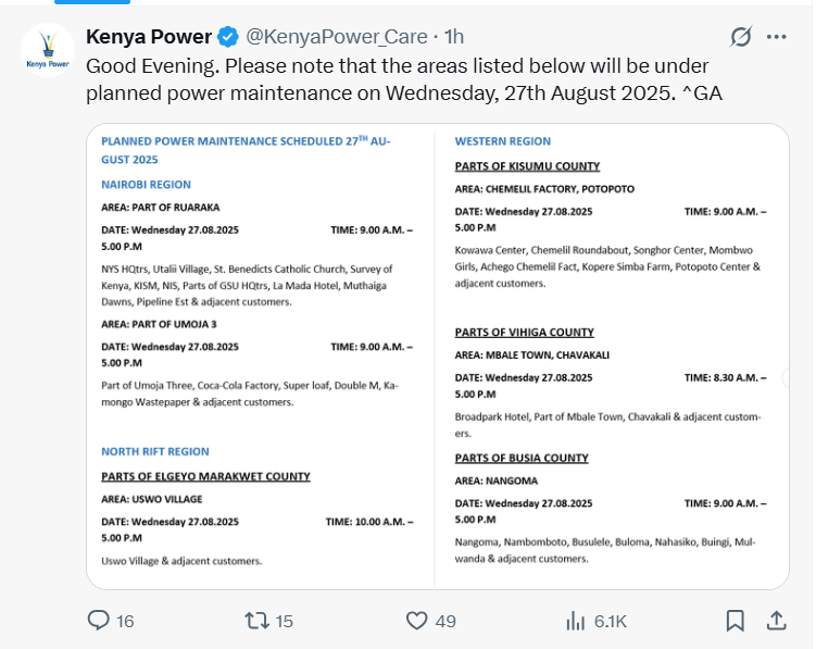 Kenya Power announces planned power maintenance across multiple regions ...