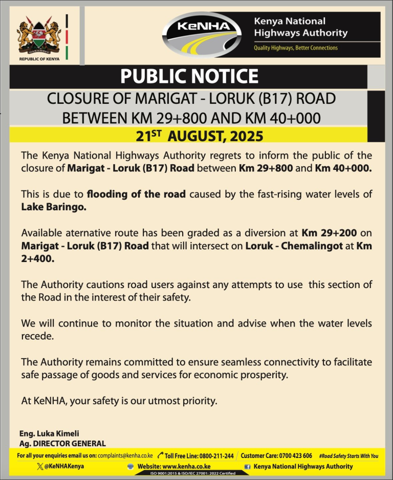 KeNHA closes Marigat–Loruk Road after Lake Baringo floods - People Daily