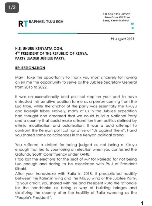 Raphael Tuju resigns from Jubilee Party - People Daily