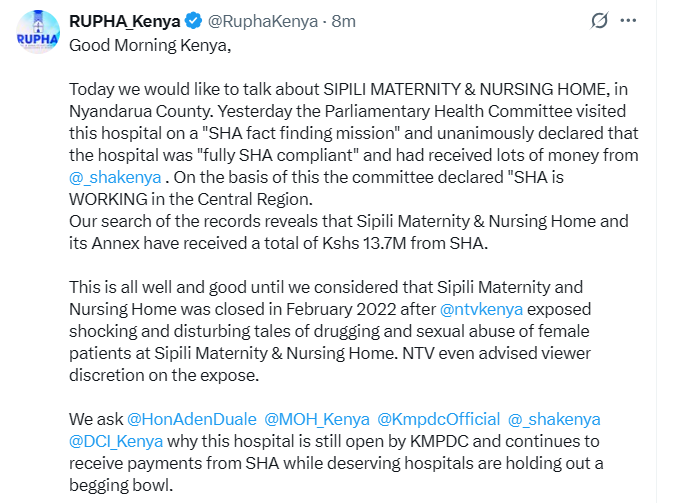 RUPHA blows lid on SHA millions flowing to closed Nyandarua hospital ...