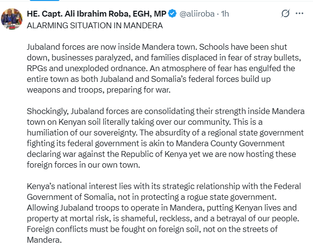Ali Roba sounds alarm, says Jubaland troops expanding control in ...