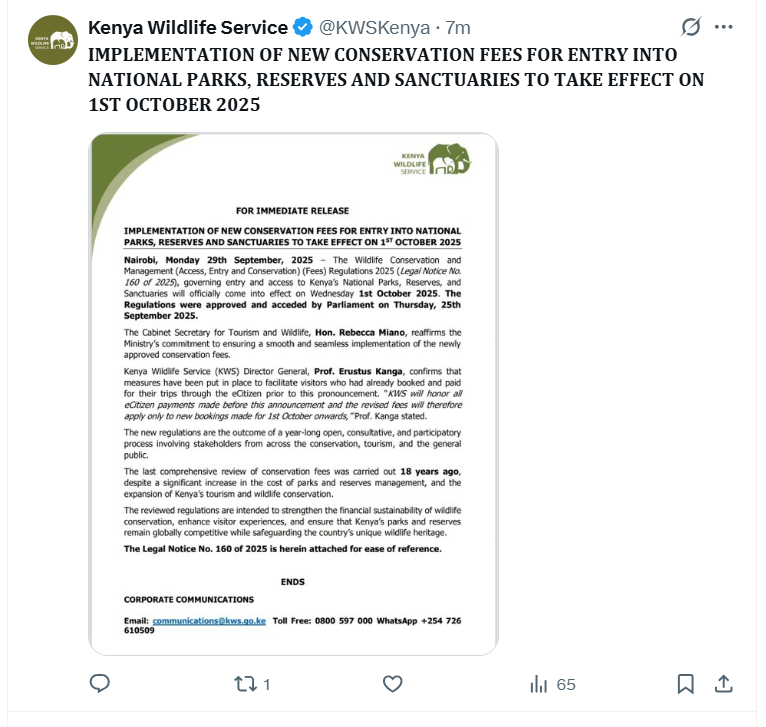 KWS introduces new conservation fees for parks effective October ...