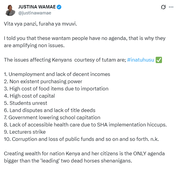 Justina Wamae lists 10 crises hurting Kenyans, dismisses political ...