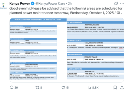 Kenya Power lists areas set for planned maintenance on October 1 ...