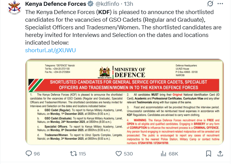 KDF releases shortlist for cadets, announces recruitment interview ...