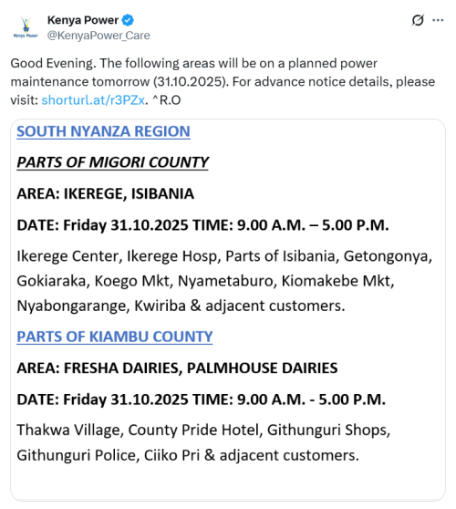 Kenya Power announces planned blackout in parts of 2 counties on Friday ...