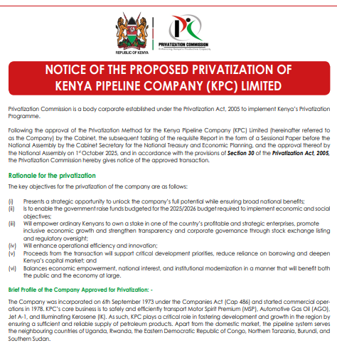 Govt sets deadline for privatisation of Kenya Pipeline Company - People ...
