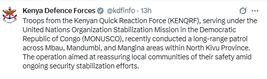 KDF gives update on Kenyan Quick Reaction Force serving in DR Congo ...