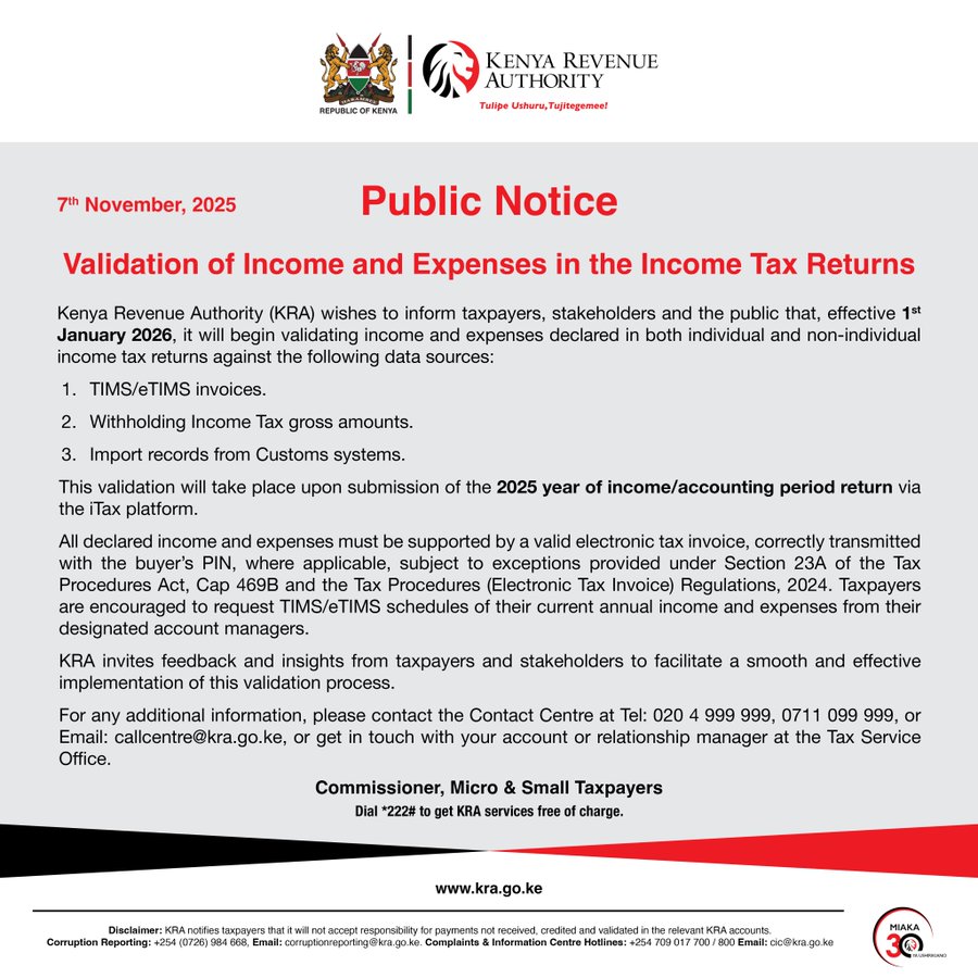 KRA to validate income and expenses in tax returns starting January ...