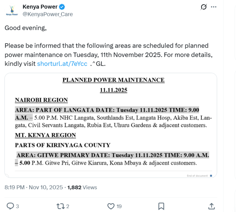 Kenya Power: Blackout to hit parts of Nairobi, Kirinyaga on Tuesday ...