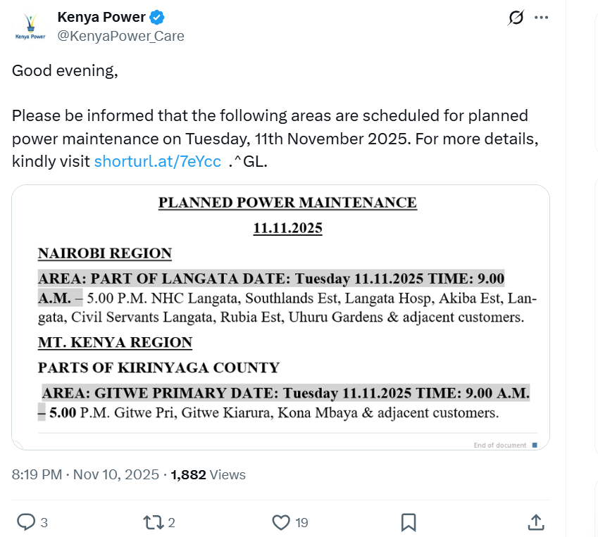 Kenya Power: Blackout to hit parts of Nairobi, Kirinyaga on Tuesday ...