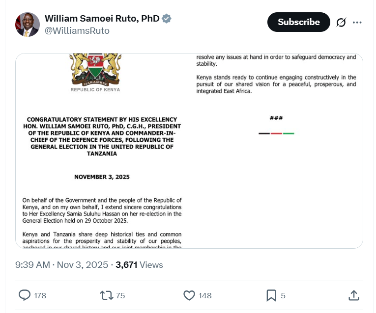 Ruto hails Samia Suluhu’s re-election, calls for peace in Tanzania ...