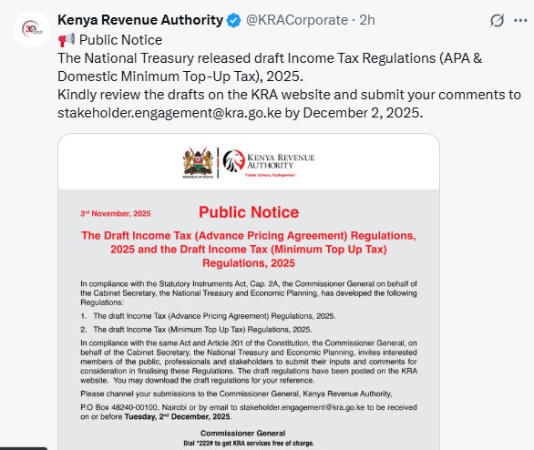 KRA invites public input on new tax rules for multinationals - People Daily