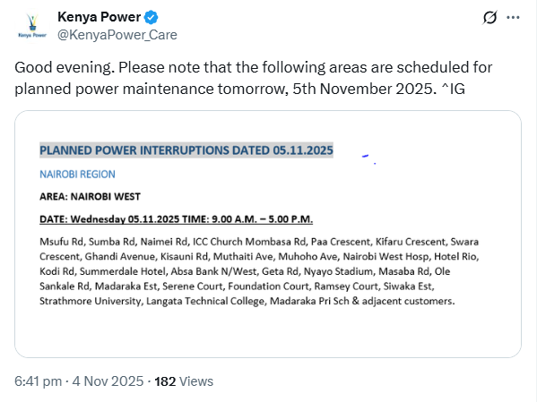 Kenya Power announces parts of Nairobi to face blackout on Wednesday ...