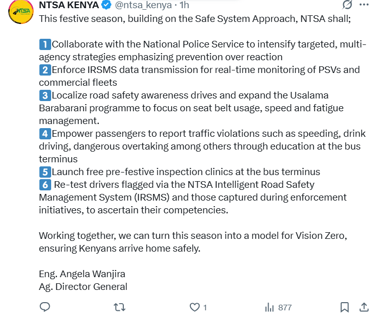 NTSA rolls out 6 key road safety actions to curb accidents - People Daily