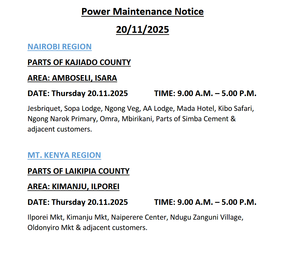 Kenya Power lists areas to be affected by blackout on Thursday November ...