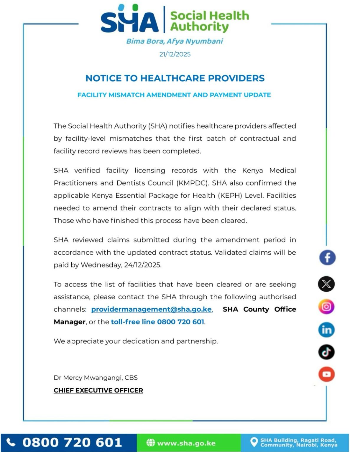SHA confirms claims payment by December 24 - People Daily