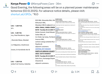 Kenya Power lists areas to experience outages on Tuesday, December 2 ...