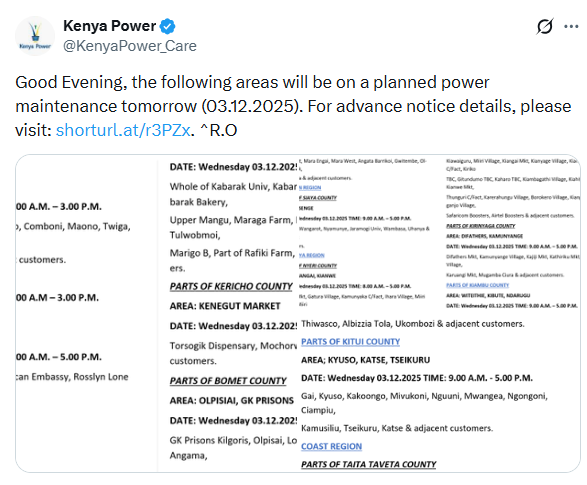 Kenya Power lists areas to experience outages on Wednesday, December 3 ...