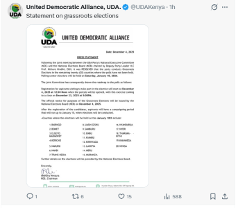 UDA announces date for grassroots elections as aspirant registration ...