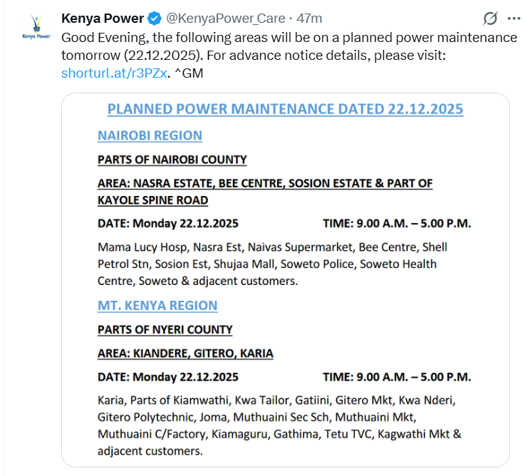 Kenya Power lists areas to experience outages on Monday, December 22 ...