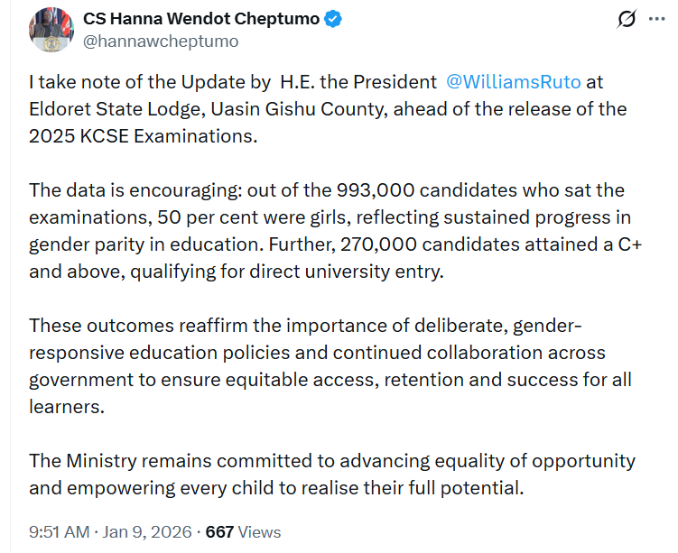 KCSE 2025: CS Hanna Cheptumo highlights gender parity in exam results ...