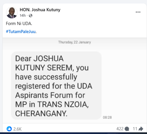 Joshua Kutuny officially registered as UDA aspirant for 2027 - People Daily