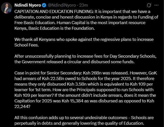 Ndindi Nyoro slams govt over Ksh109 capitation per student - People Daily