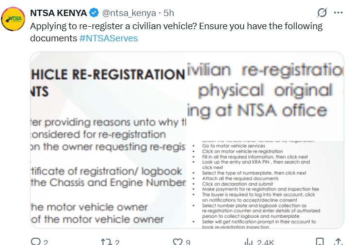 NTSA gives step by step guide on re-registration of civilian vehicles ...