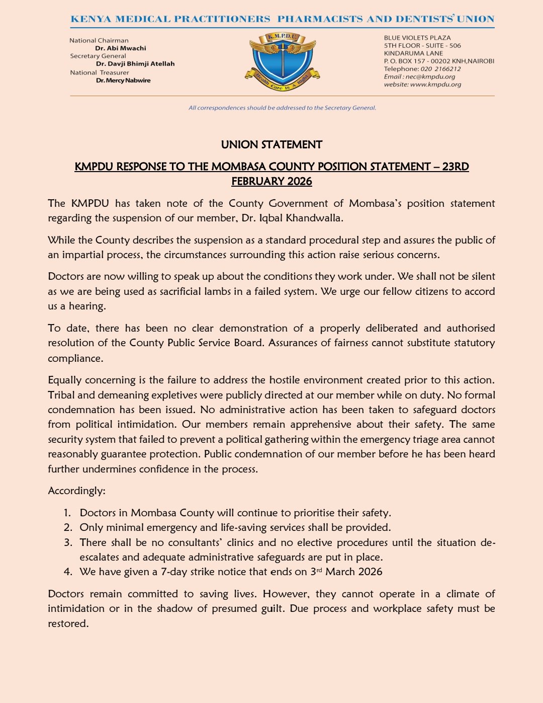 KMPDU issues 7-day strike notice to Mombasa County - People Daily