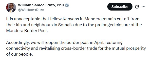 Ruto announces the opening of the Kenya-Somalia border - People Daily