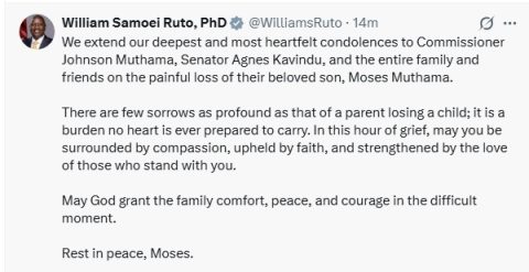 Ruto condoles Machakos Senator Kavindu after death of her only son ...