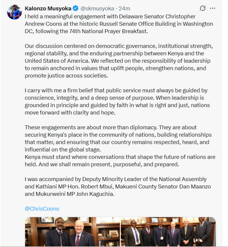 Kalonzo holds talks with powerful US Senator Coons as America’s tour ...