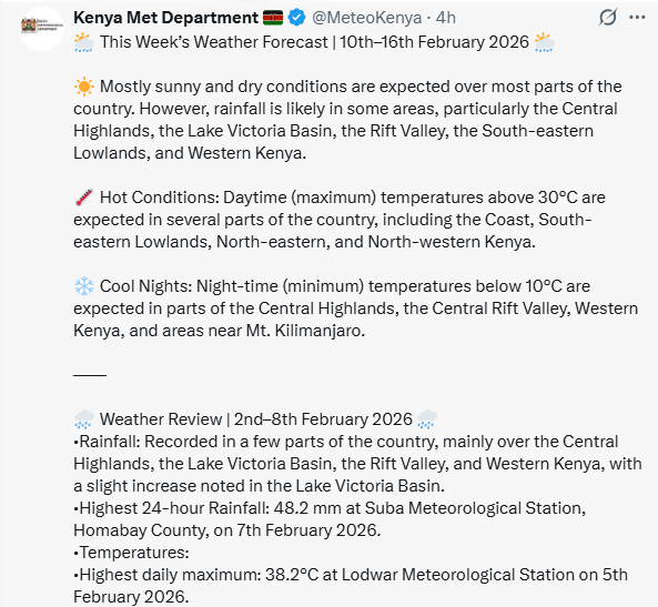 Weatherman forecasts hot, dry week across Kenya with isolated showers ...