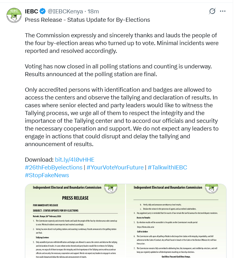 IEBC issues update on by-elections as vote counting begins - People Daily