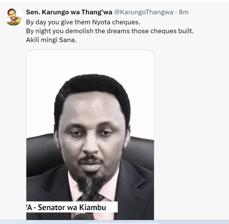 Senator Karungo Thang’wa slams Ruto over demolitions - People Daily