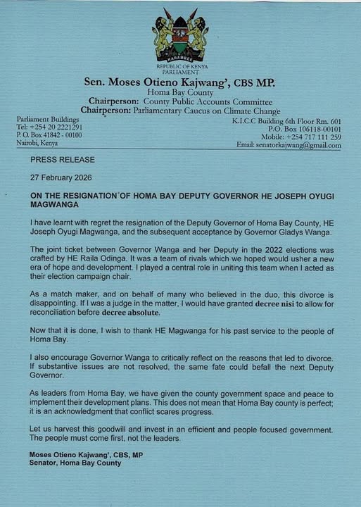 Moses Kajwang’ expresses regret over resignation of Homa Bay deputy ...