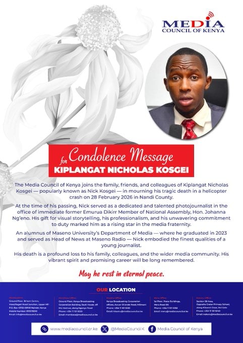 MCK mourns journalist Nicholas Kosgei after tragic helicopter crash ...