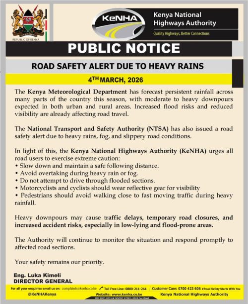 KeNHA cautions Kenyans on safety amid heavy rains - People Daily
