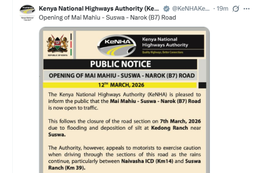 Mai Mahiu-Suswa-Narok road reopened after flood closure - People Daily