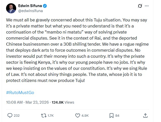 Sifuna demands answers on Tuju’s disappearance, warns of investor ...