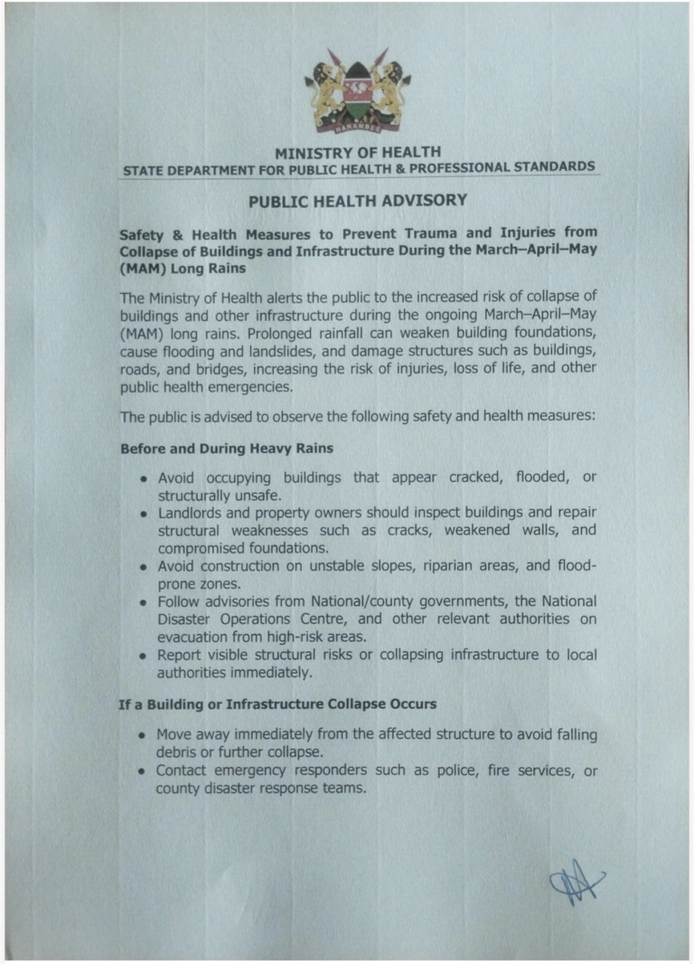 Govt warns of possible building collapses as long rains continue ...