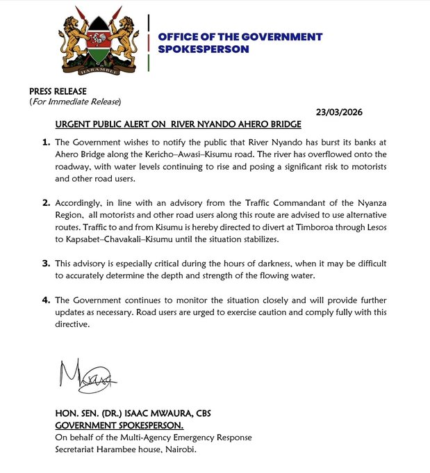 Government issues alert as River Nyando floods Ahero Bridge - People Daily