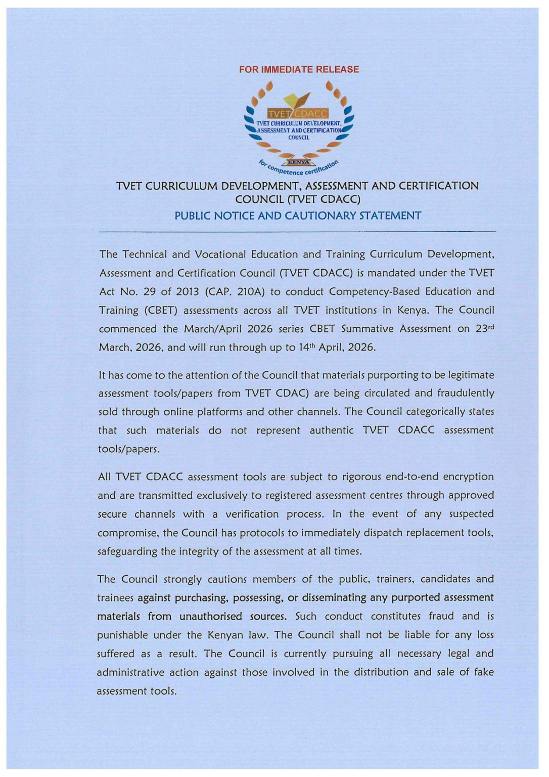 TVET curriculum council warns public against fake assessment materials ...