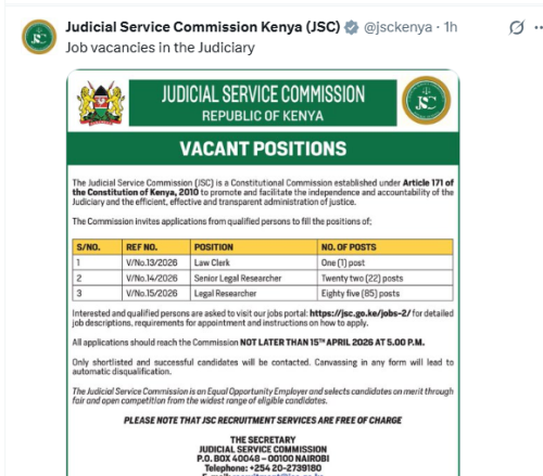 JSC announces 108 job vacancies for legal researchers and clerks ...