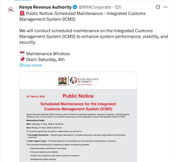 KRA to temporarily shut down ICMS for system maintenance in April ...